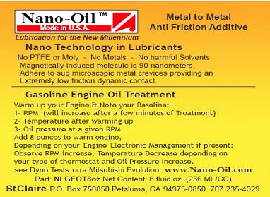 NanoLube "Nano-Oil tm by StClaire" Metal to Metal Anti Friction Lubricants